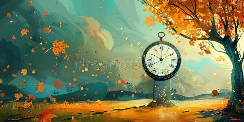 Autumn Clock, Time Passes in a Falling Leaves Landscape Stock ...