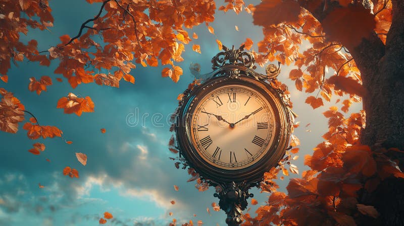 Autumn Clock Under Tree with Falling Leaves Stock Illustration ...