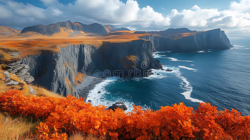 Autumn Coastal Cliffs, Ocean Waves, Mountain Backdrop, Scenic Travel ...