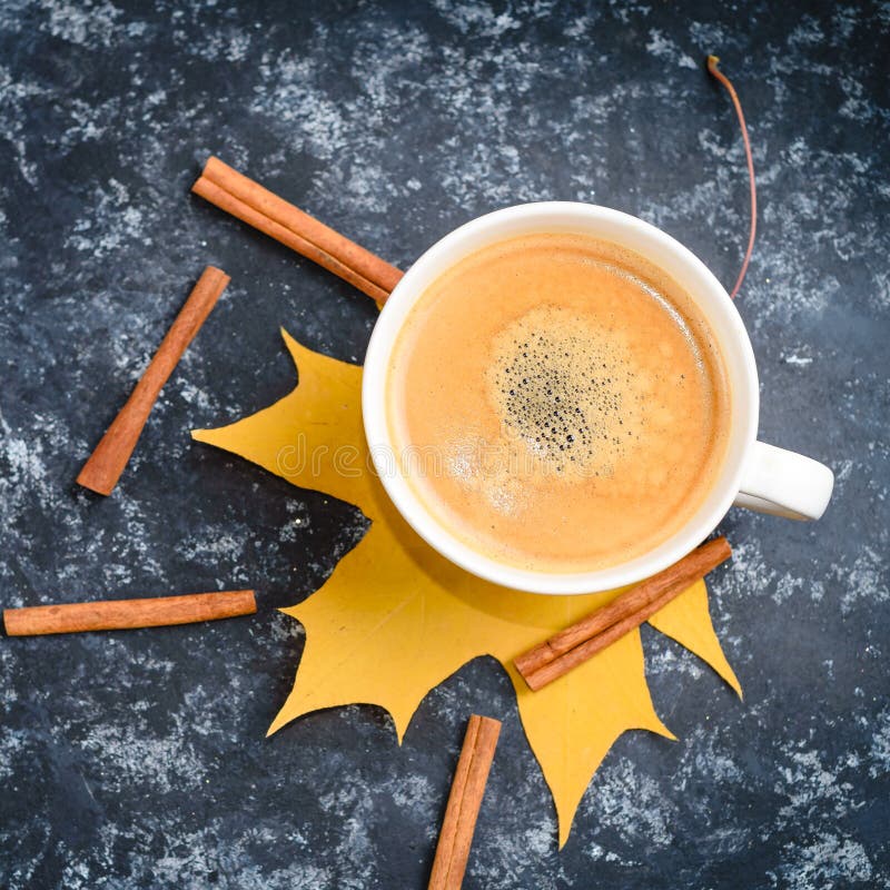 Autumn Coffee Composition, Coffee Cup with Foam, Cinnamon, Autumn Leaf ...