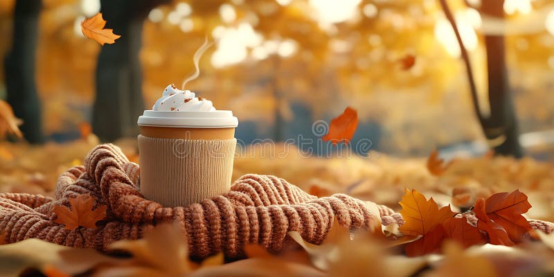 Autumn Coffee Cozy Fall Drink in Golden Leaves Stock Illustration ...