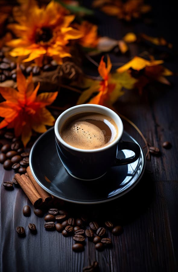 Autumn Coffee with Autumn Leaves on a Wooden Background. AI Generated ...