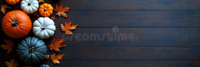 Autumn Composition with Assorted Pumpkins and Copy Space on Rustic Dark ...