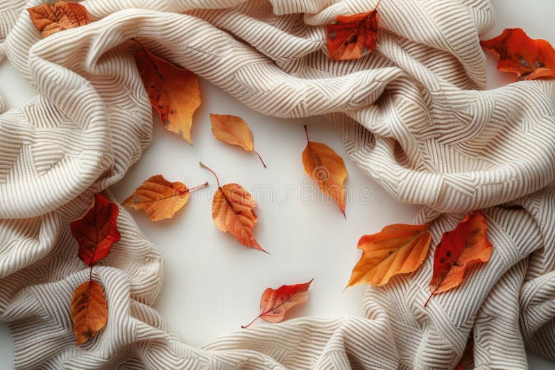 Autumn Composition: Dry Leaves and Beige Plaid on White Bac Stock ...
