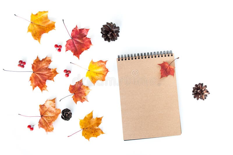 Autumn Composition with Empty Craft Notebook and Autumn Leaves on a ...