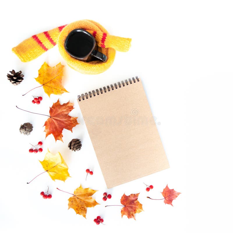 Autumn Composition with Empty Craft Notebook and Autumn Leaves on a ...