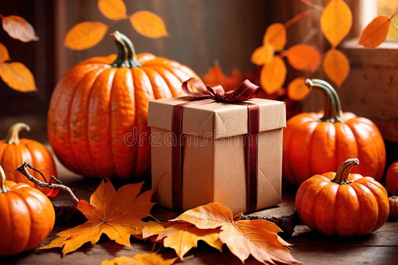 Autumn Composition with Pumpkins, Gift Boxes, Orange Leaves. Stock ...
