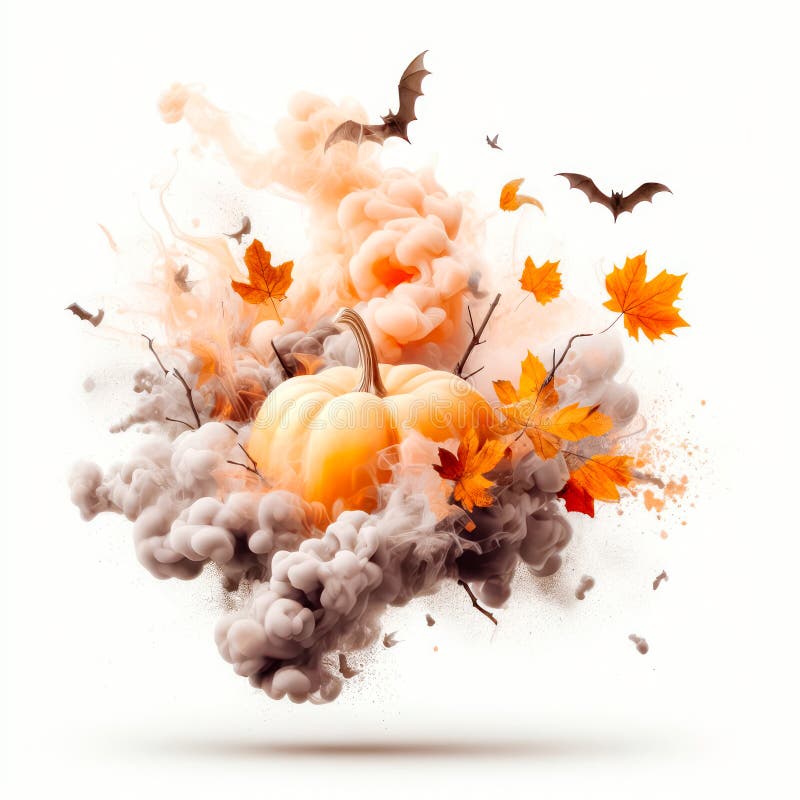 Autumn Composition with Pumpkins, Leaves and Smoke on White Background ...