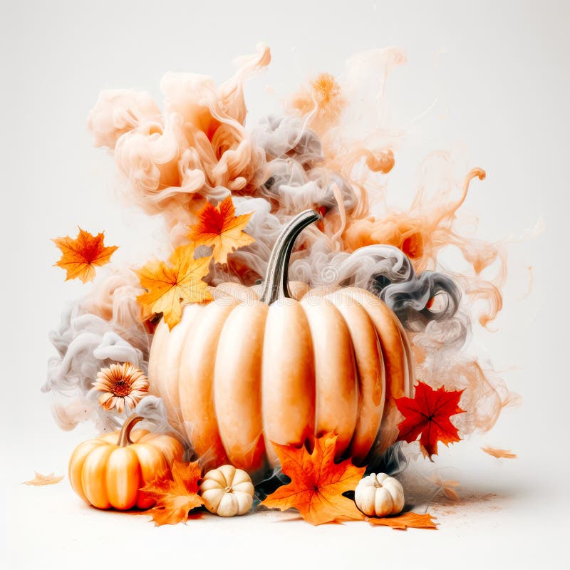 Autumn Composition with Pumpkins, Leaves and Smoke on White Background ...