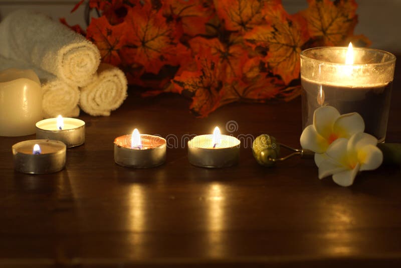 Autumn Composition on Spa Theme with Burning Candles Stock Photo ...
