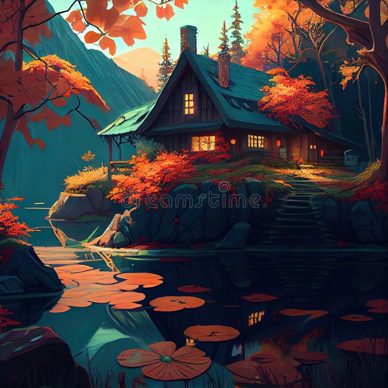 Autumn Cottage House - Ai Generated Stock Photo - Image of painting ...