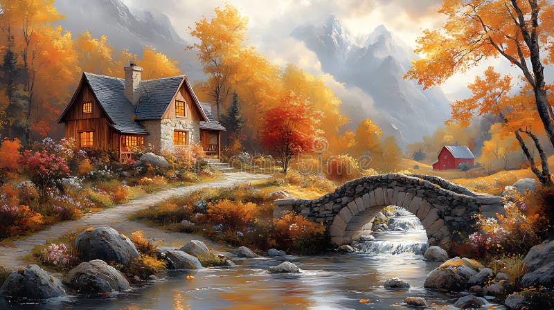 Autumn Cottage, Mountain Stream, Bridge, Fall Foliage, Peaceful Scene ...