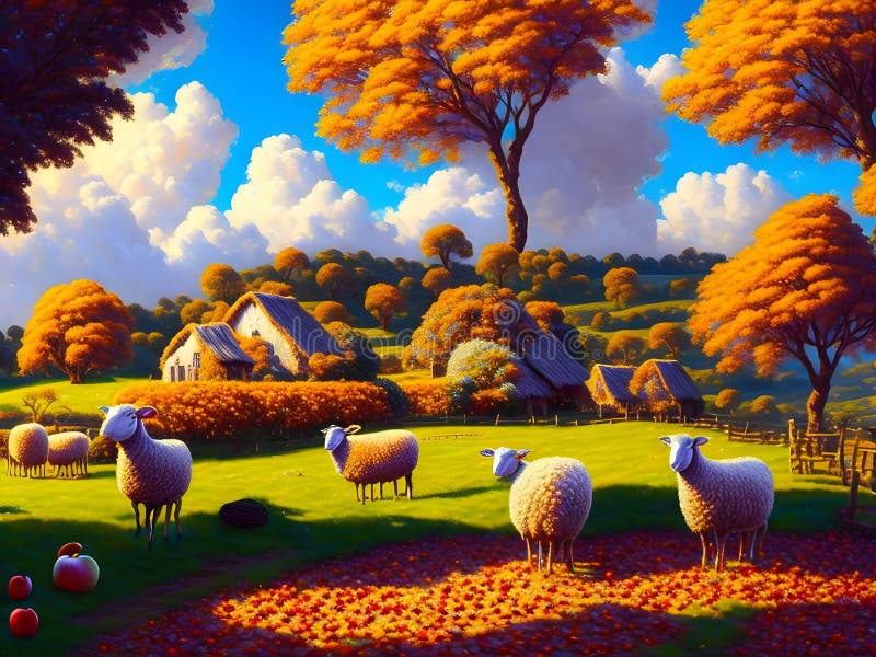 Autumn Countryside Landscape with Sheeps, Generative AI Illustration ...