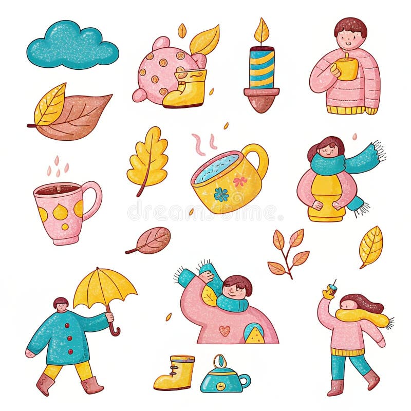 Autumn Cozy People Objects Illustration, Fall Leaves Background, Design ...