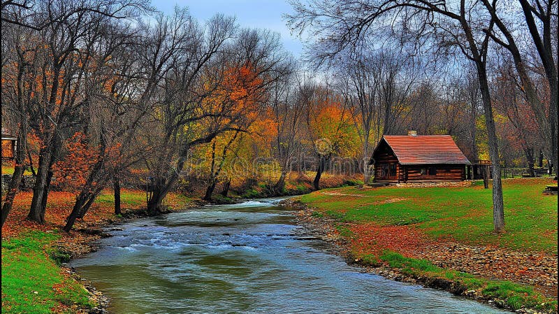 Autumn Creekside Cabin, Fall Foliage, Nature Scene, Tranquil Stock ...