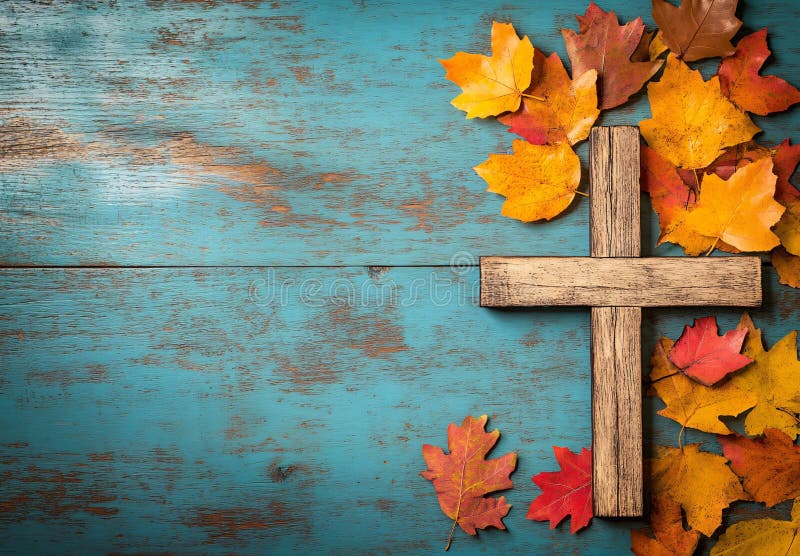 Autumn Cross on Rustic Teal Wood Background High Quality Image Stock ...