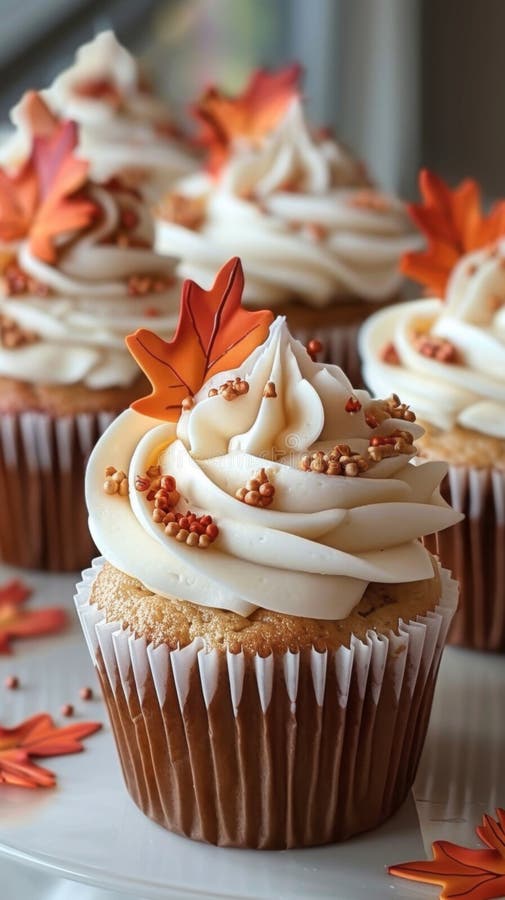 Autumn Cupcakes with Buttercream Frosting and Fall Leaf Decorations ...
