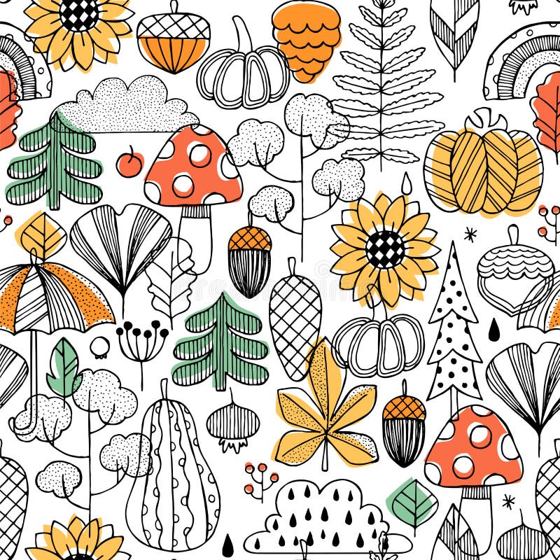 Autumn Cute Seamless Pattern. Linear Graphic. Nature Elements ...
