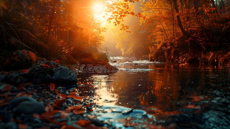 Autumn Dawn Near a River in the Forest Stock Illustration ...