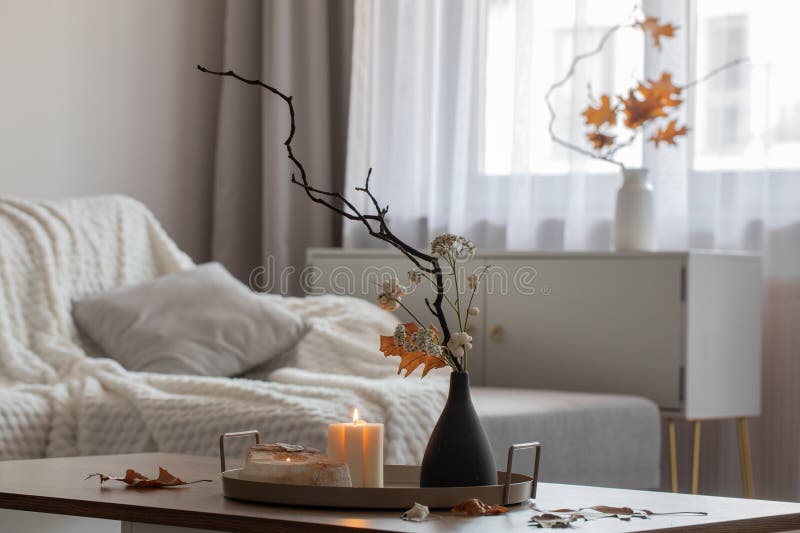 Autumn Decor in Cozy White Modern Room Stock Photo - Image of decor ...