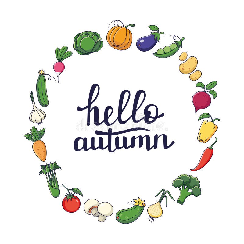 Autumn Decorative Round Frame with Vegetables and Lettering HELLO ...