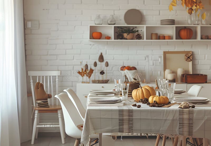 Autumn Dinner Table Setting with Pumpkins Stock Illustration ...