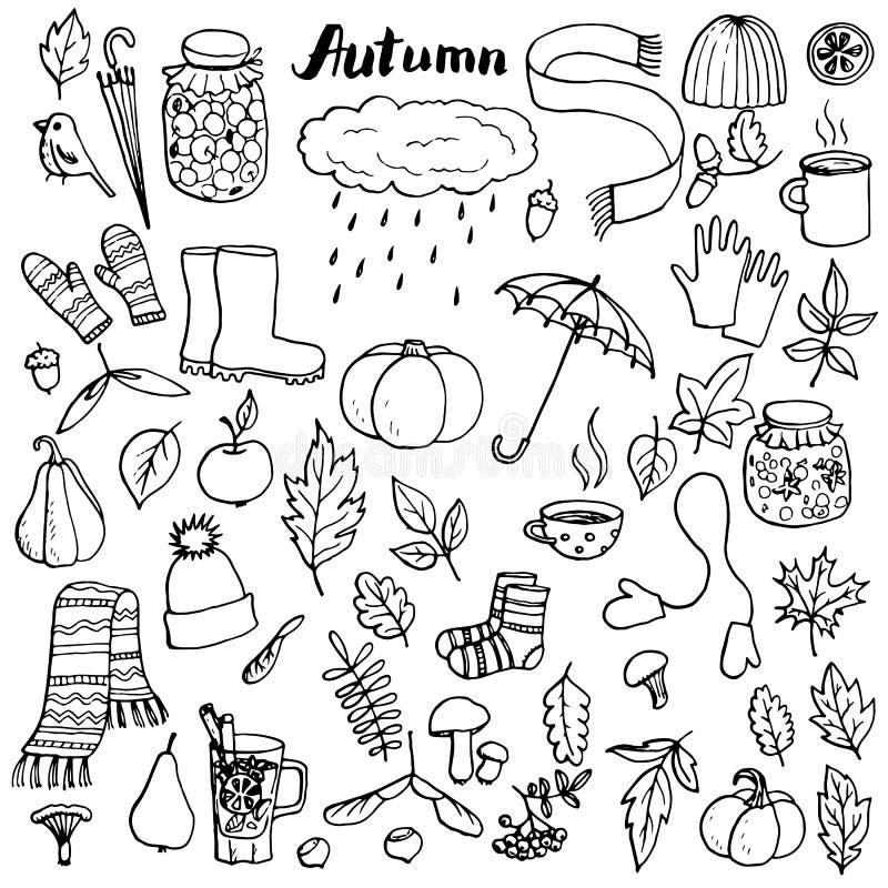 Autumn Fall Season Traditional Doodle Icons Sketch Hand Made Design ...
