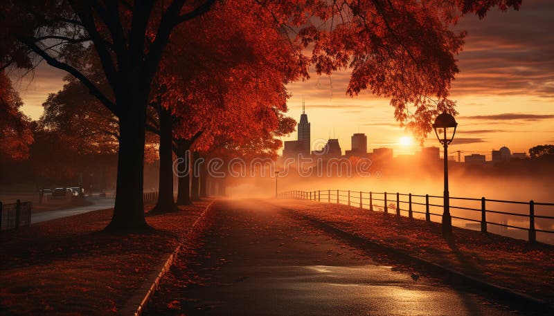 Autumn Dusk, Cityscape Silhouette, Skyscraper Illuminated, Yellow Leaf ...
