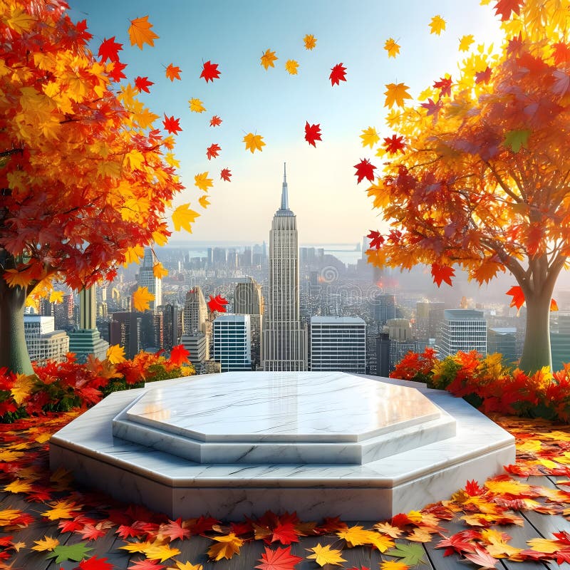 Autumn Elegance Marble Hexagonal Podium with Urban Skyline Stock ...