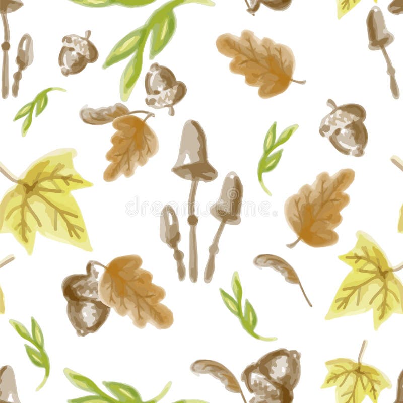 Autumn Elements Seamless Pattern with Autumn Leaves, Mushroom and Acorn ...