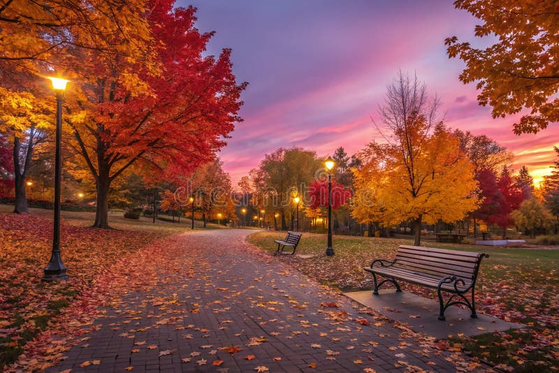Autumn in Evening Park. Scenery Autumn Background. Colorful Fall Vivid ...