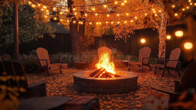Autumn Evening Patio with Fire Pit Surrounded by Adirondack Chairs ...