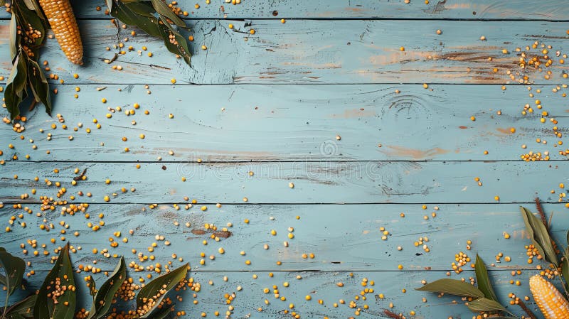 Autumn or Fall Background, Golden Corn Husks, and Corn Kernels on Blue ...