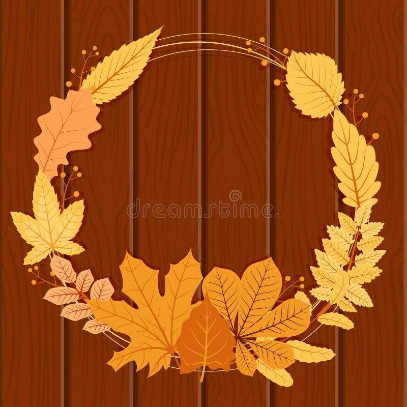Autumn Fall Leaf Greeting Invitation Circle Frame Wood Background ...