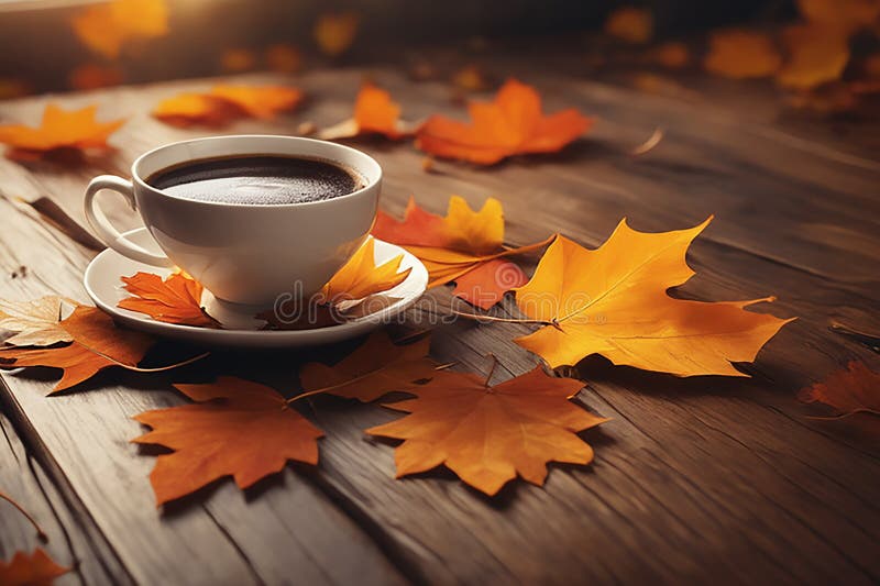 Autumn, Fall Leaves, Hot Steaming Cup of Coffee and a Warm on Table ...