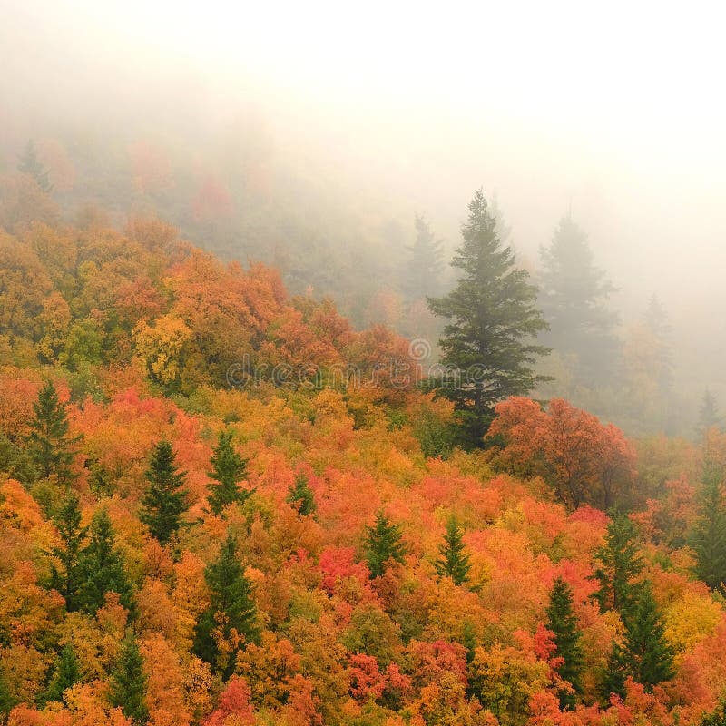 Autumn Fall Maple and Pine Trees with Fog on Mountainside Stock Image ...