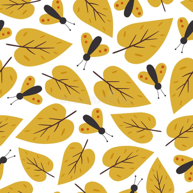 Autumn Fall Vector Seamless Pattern. Yellow Leaves and Bugs. Isolated ...