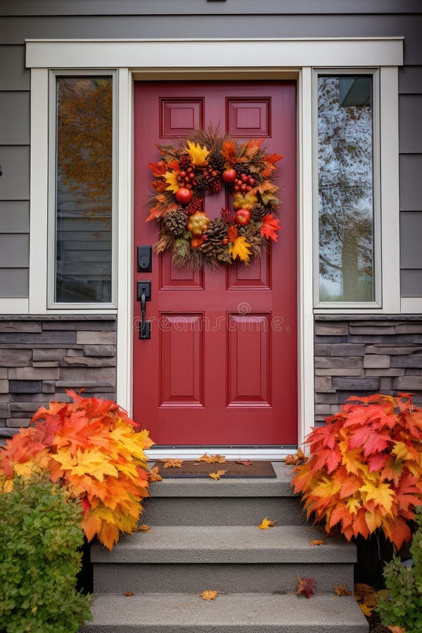 Autumn Fall Wreath Decorating Front Door Stock Image - Image of wreath ...