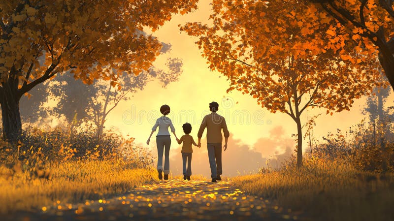 Autumn Family Walk 3D Illustration Stock Illustration - Illustration of ...