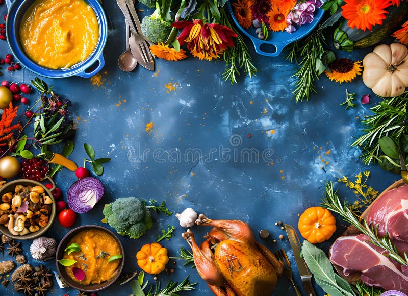 Autumn Feast Background with Food and Flowers Stock Illustration ...