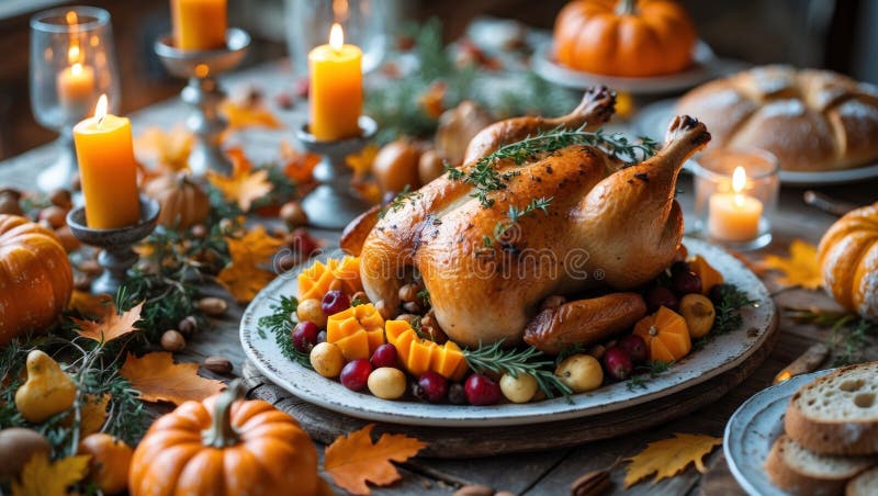 Autumn Feast with Roast Chicken and Seasonal Decorations on Rustic ...