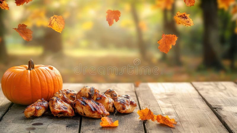 Autumn Feast Roasted Chicken and Pumpkin on Rustic Wood with Falling ...