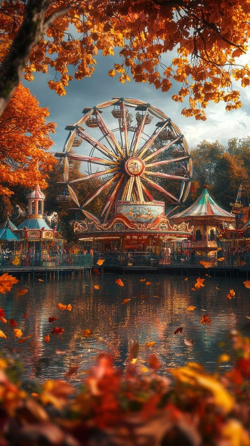 Autumn Ferris Wheel and Carousel by the Lake Illustration Stock ...