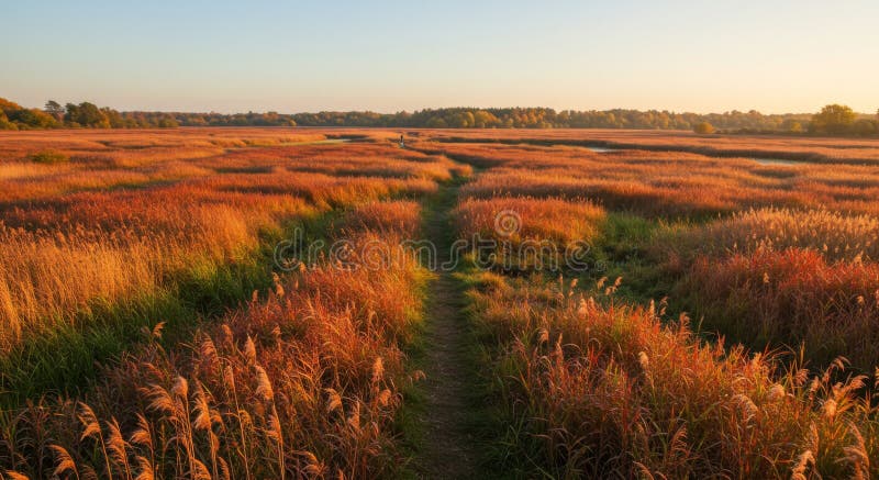 Autumn Field Landscape at Sunrise with Path Stock Illustration ...