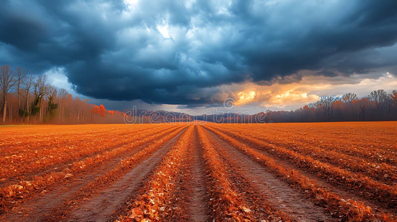 Autumn Field, Plowed Rows, Dramatic Sunset, Forest Backdrop, Nature ...