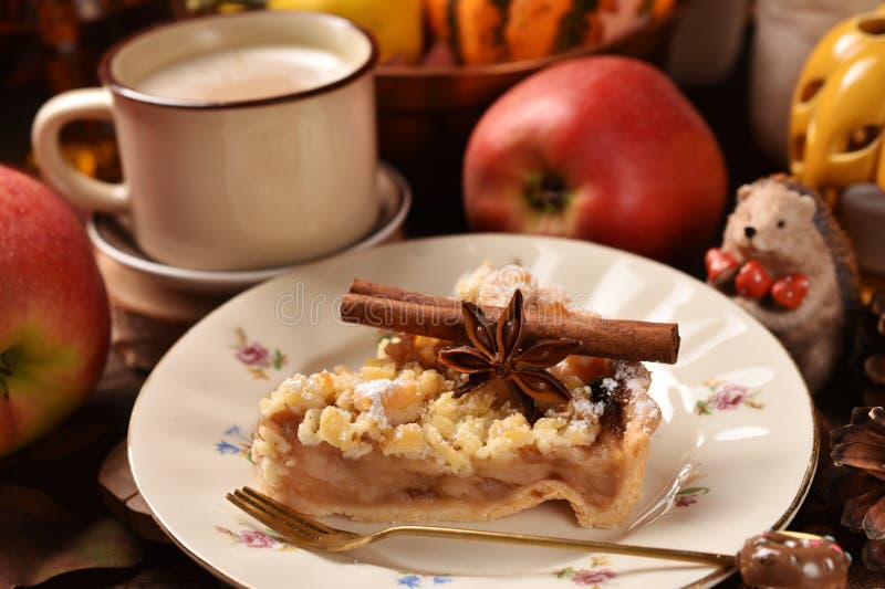 Autumn Flat Lay with Homemade Apple Pie and Latte Coffee on Rustic ...