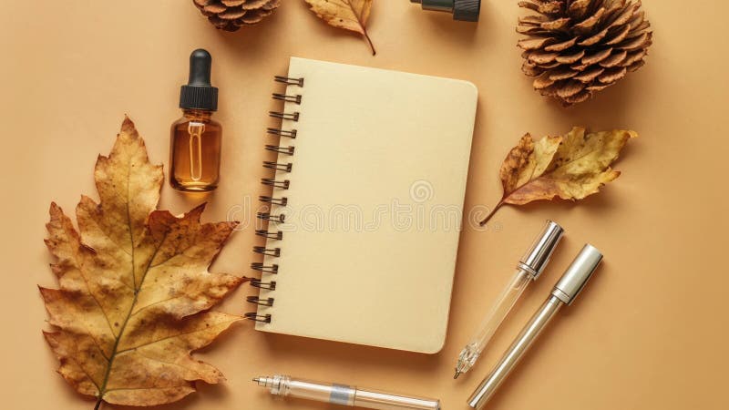 Autumn Flat Lay with Notebook and Essential Oils on Orange Background ...