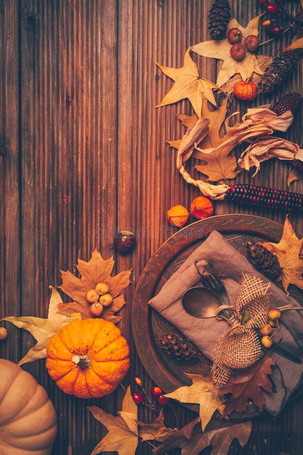 Autumn Flat Lay with Plate Setting, Pumpkins and Autumn Leaves Stock ...