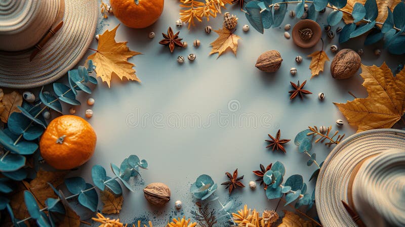 Autumn Flatlay with Fall Leaves, Eucalyptus, and Tangerines Stock ...