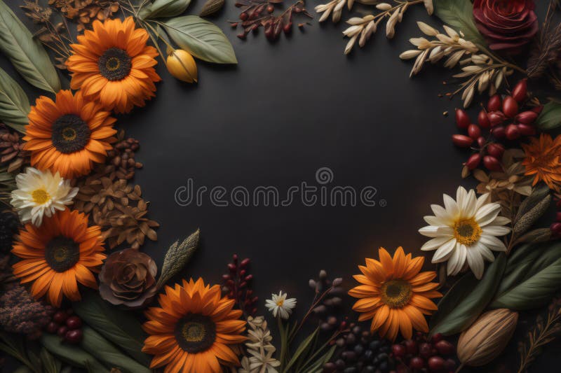 Autumn Floral Frame on Black Background. Flat Lay, Top View Stock ...